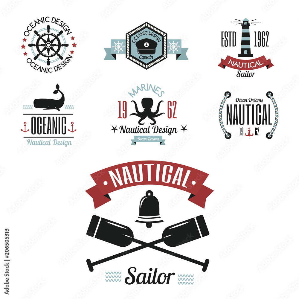 Sea marine vector nautical logo icons sailing themed label or with ship ...
