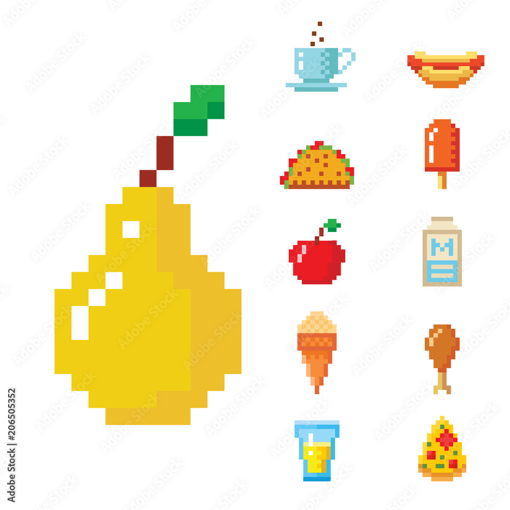 Pixel art food computer design icons vector illustration restaurant ...