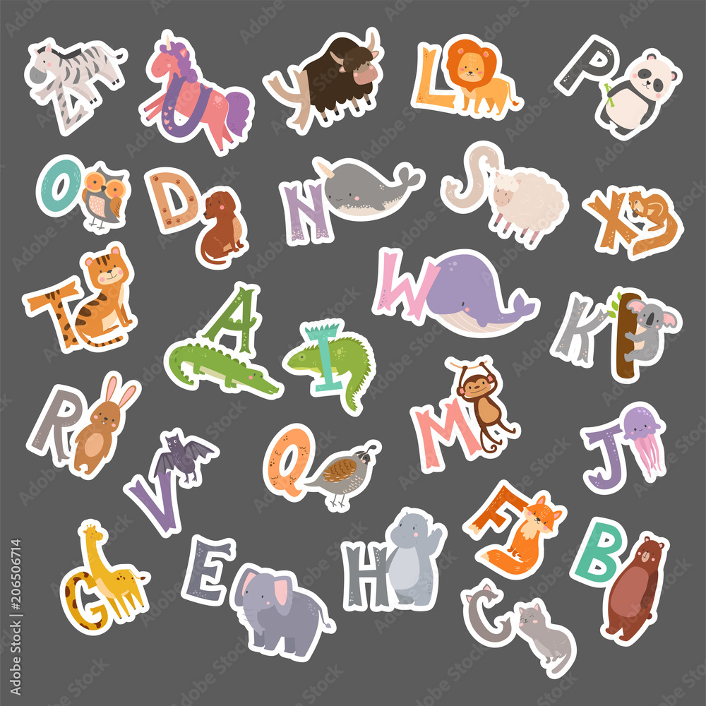 Cute zoo alphabet with cartoon animals funny letters wildlife learn ...