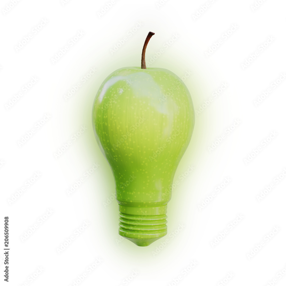 Apple shaped as a light bulb glowing on white background. Innovation ...