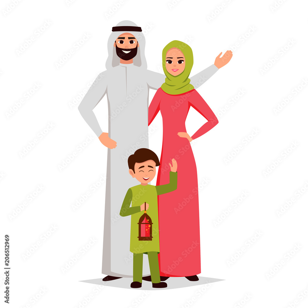 Vector cartoon Arab family characters set. Happy Saudi man and woman ...