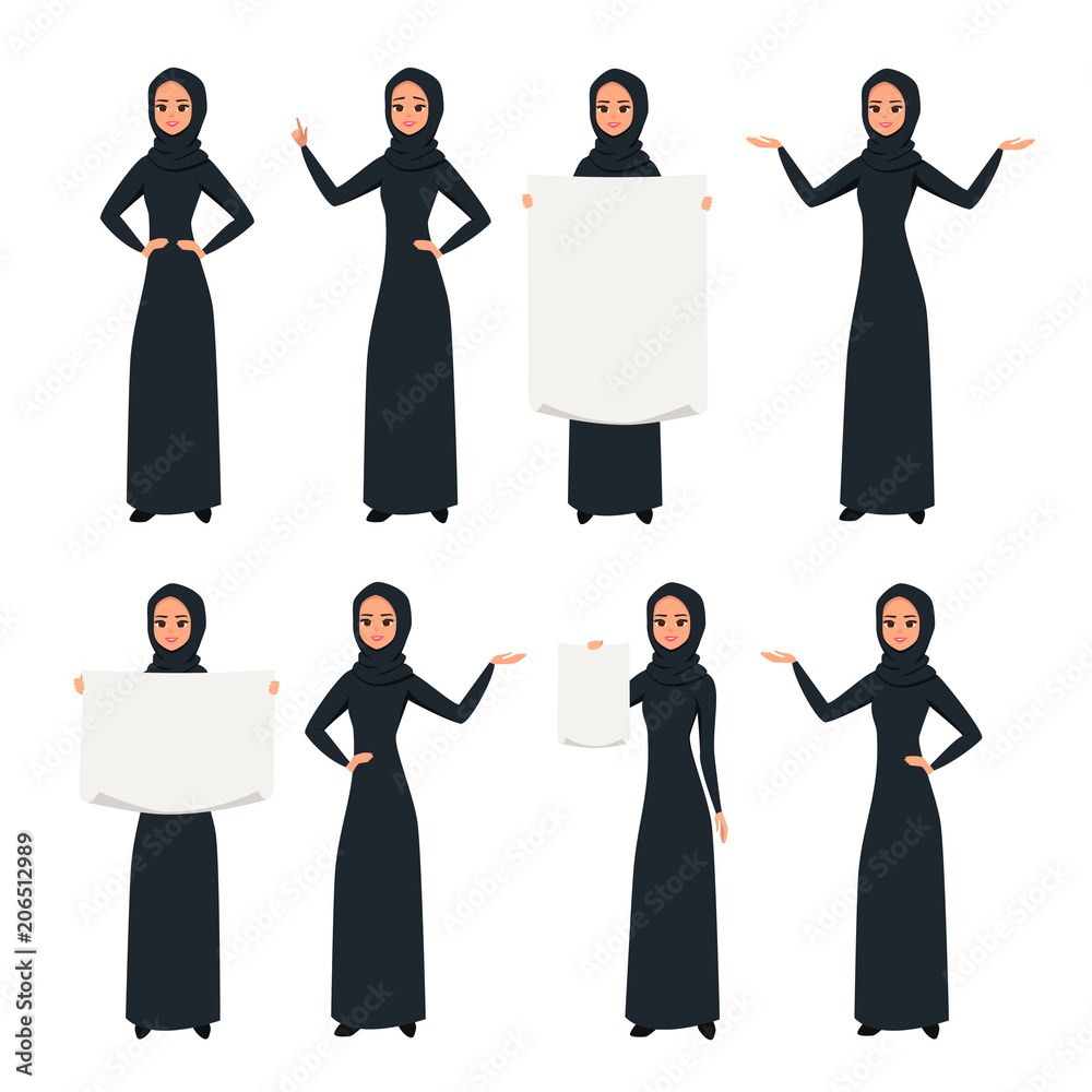 Set of Cartoon Arab woman character design with hijab. Smiling girl in ...