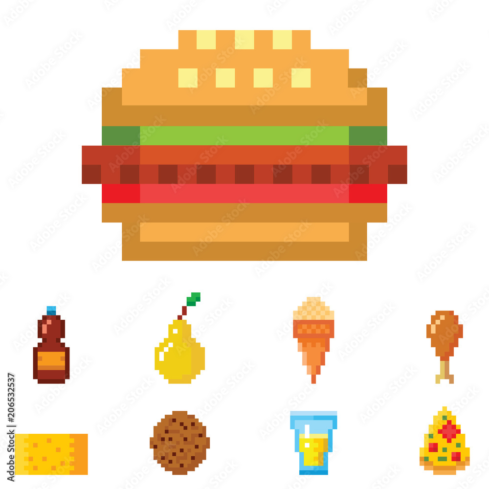 Pixel art food computer design icons vector illustration restaurant ...
