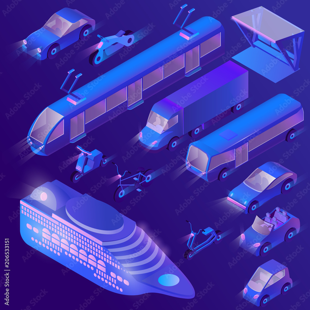 Vector set of isometric violet urban public transport for passenger ...