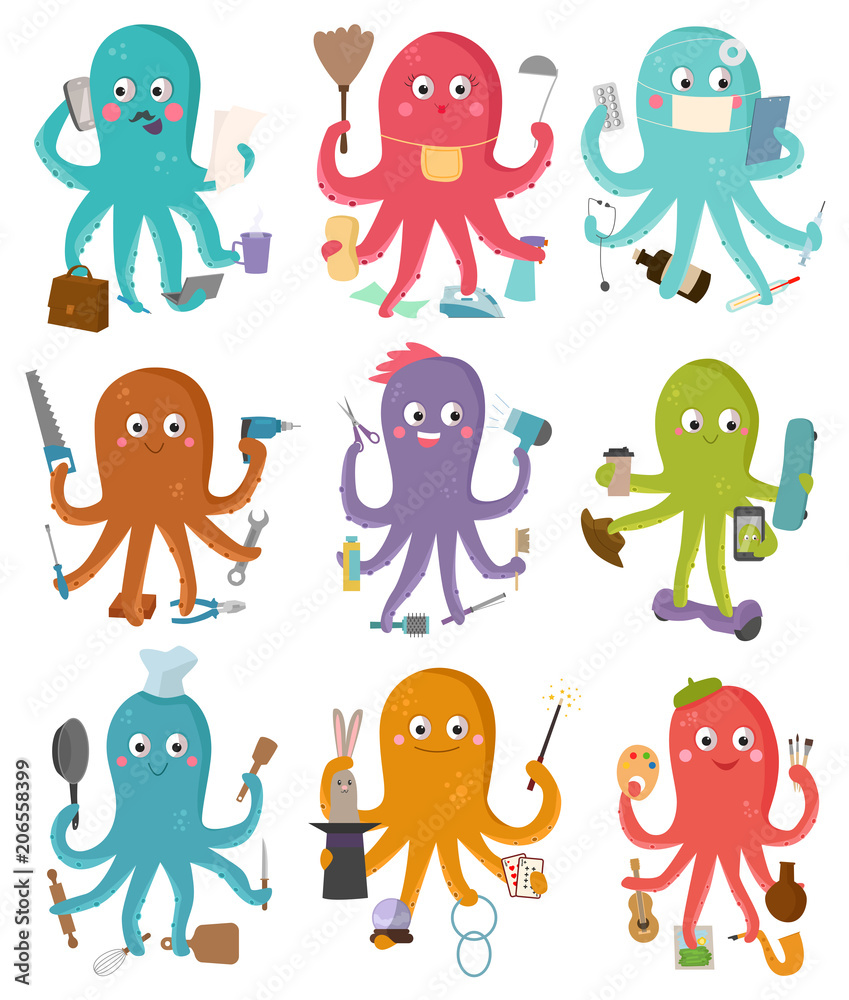 Octopus occupation vector illustration cartoon octopi character of ...