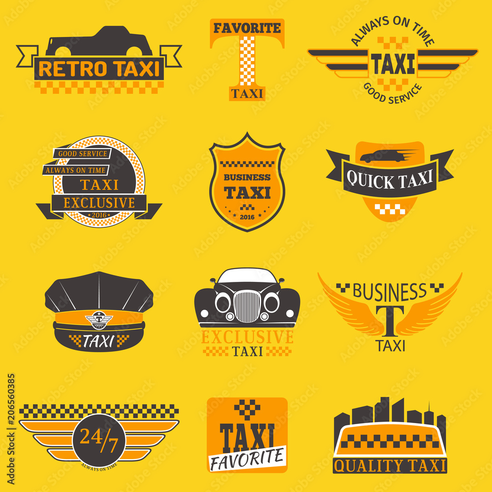 Taxi logos vector label badge templates design elements text and image ...