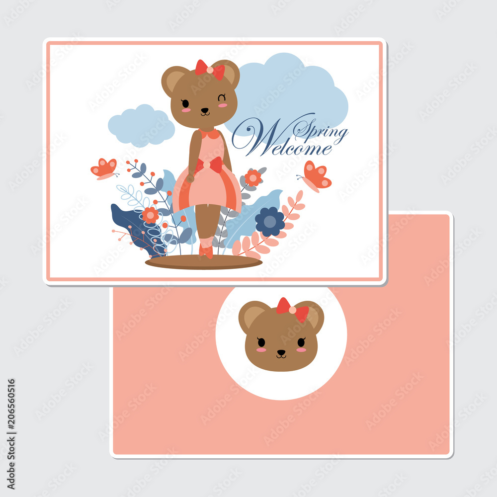 Vector cartoon illustration with cute bear girl on flowers garden ...