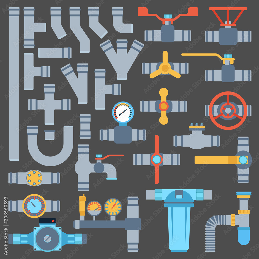 Pipes vector water connector set of water, gas tube valve construction ...