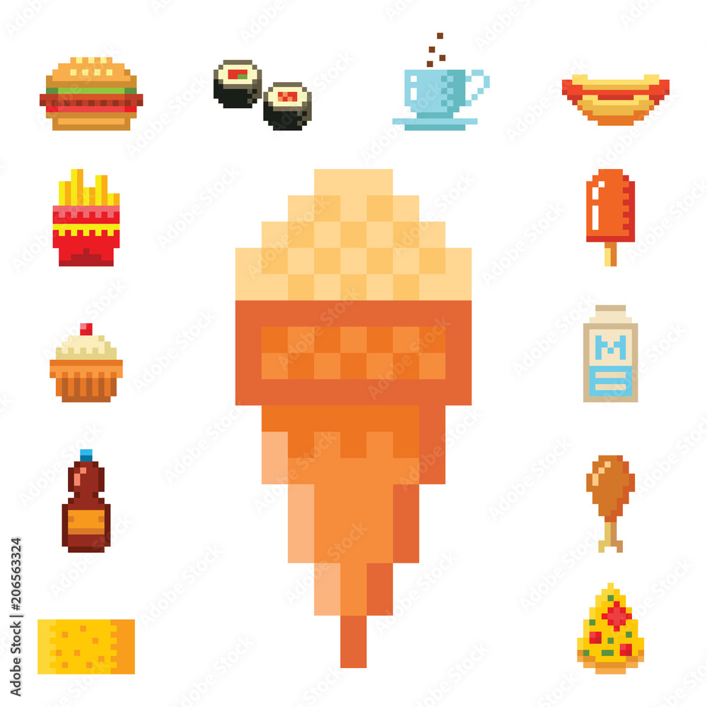 Pixel art food computer design icons vector illustration restaurant ...