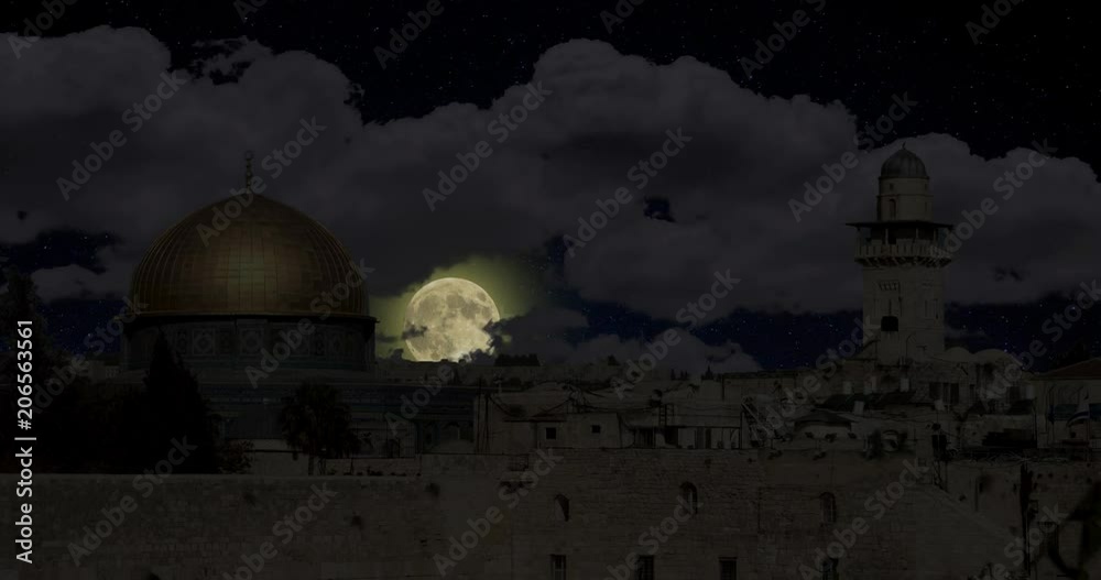 Collage: The full moon in the clouds rises above Al-Aqsa (Dome of the ...