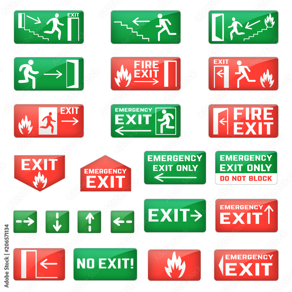 Exit vector emergency exit sign and fire escape point with green arrows ...