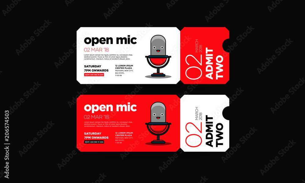 Open Mic Invitation Design with Date Venue and Time Admit Two Template ...