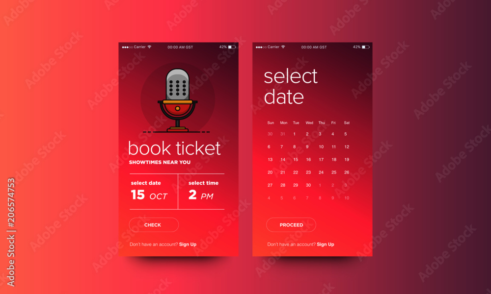 Book Ticket UX UI Screen For Mobile Phones with mic Illustration Stock ...
