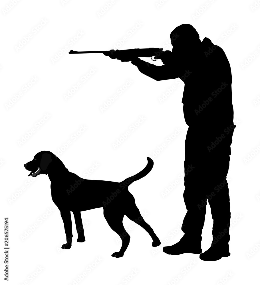 Hunter with dog aiming with his rifle vector silhouette. Outdoor ...