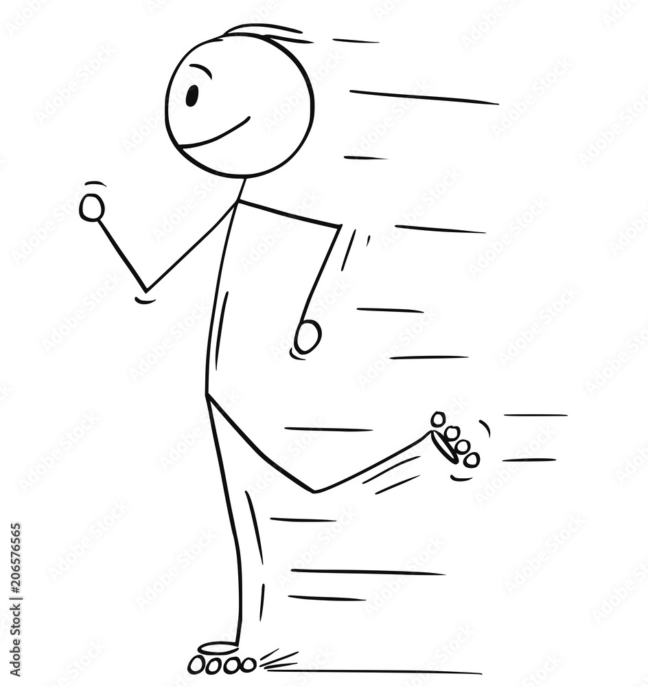 Cartoon stick man drawing illustration of inline roller skating man or ...
