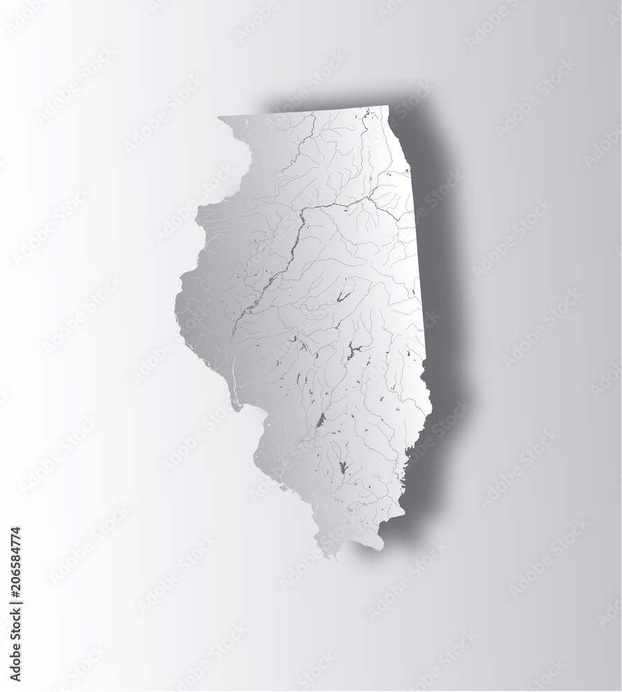 U.S. states - map of Illinois state with paper cut effect. Rivers and ...