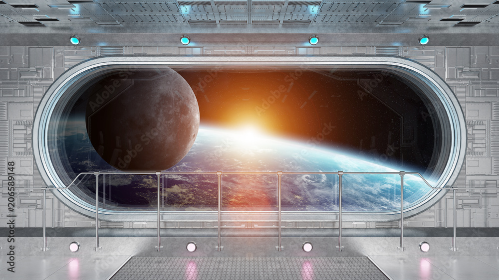 White tech spaceship round window interior background 3D rendering ...
