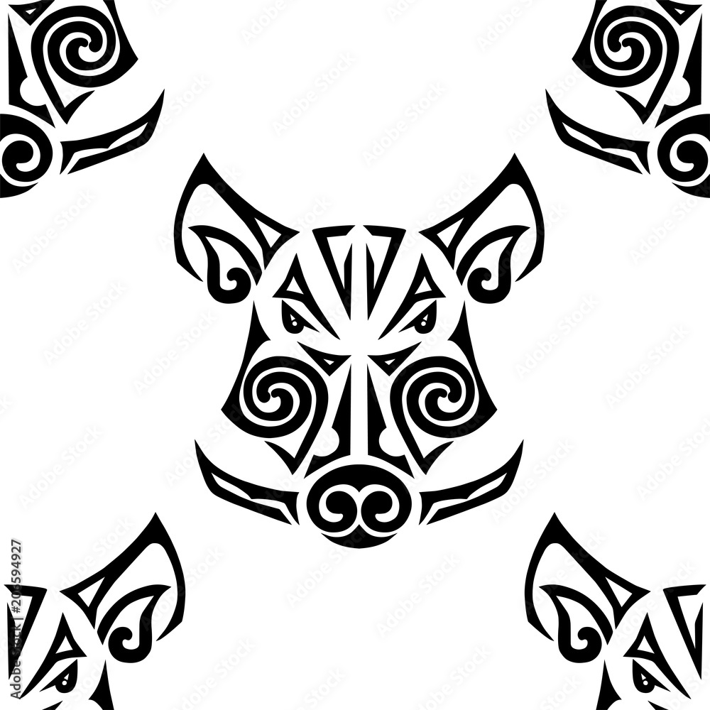 Seamless pattern with Pig's or Boar's head. Pig is symbol of 2019 year ...