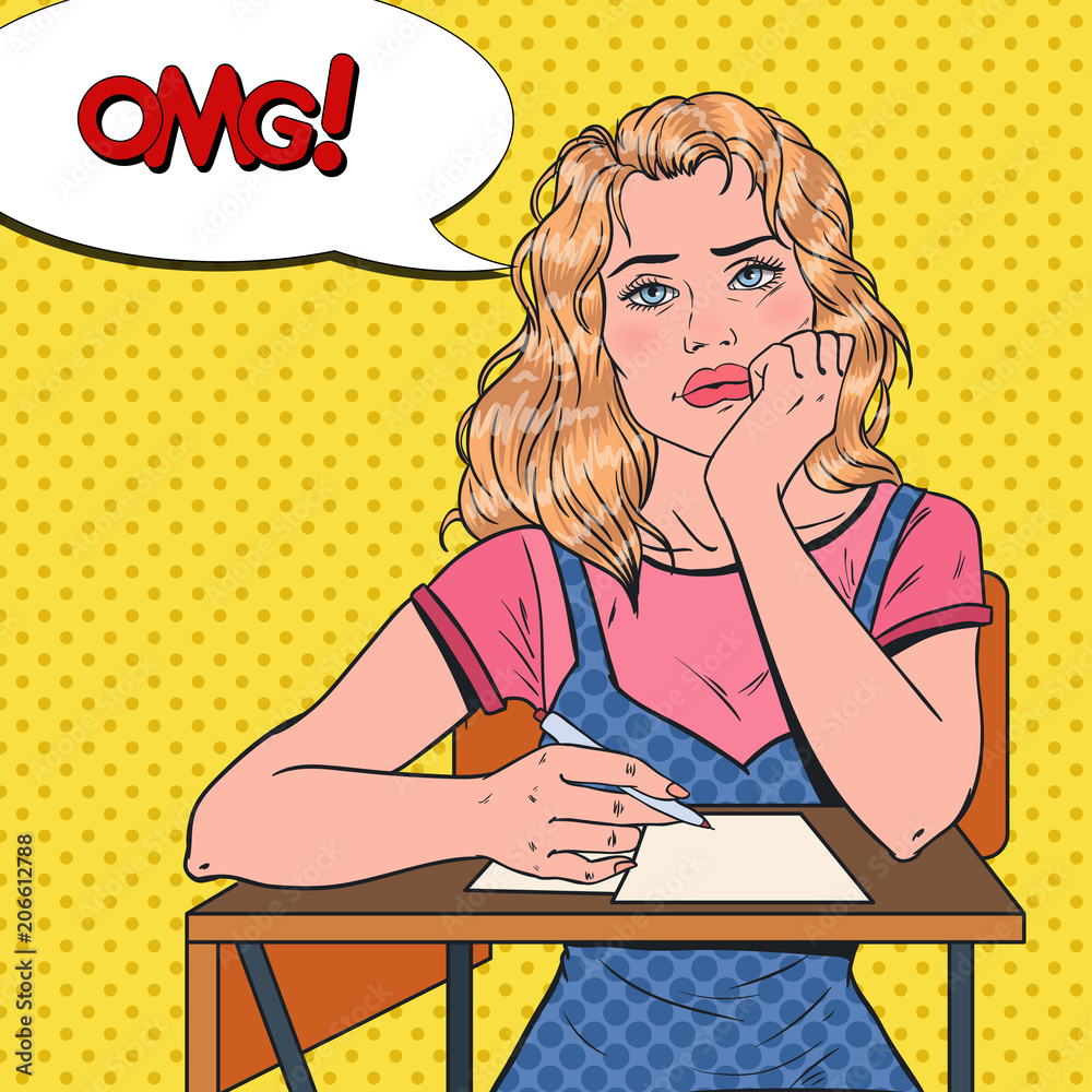 Pop Art Lazy Female Student Sitting on the Desk During Boring ...