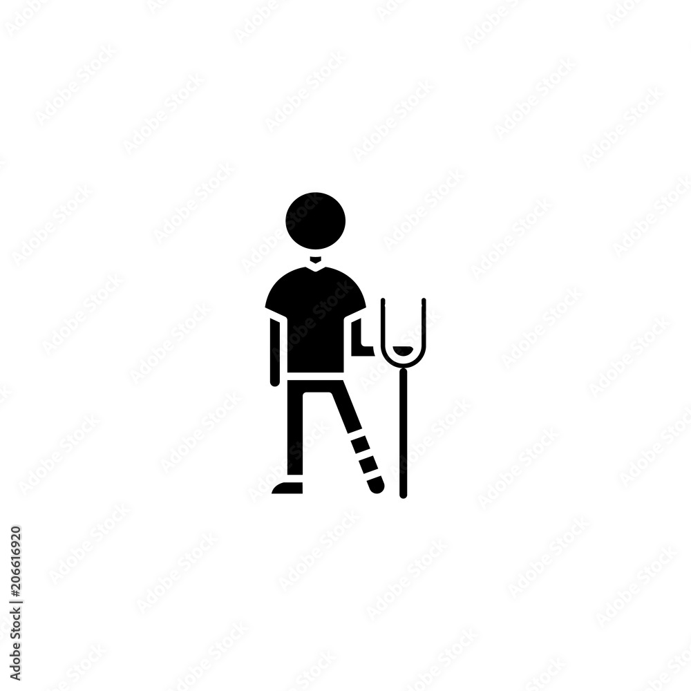 Crutch person black icon concept. Crutch person flat vector symbol ...
