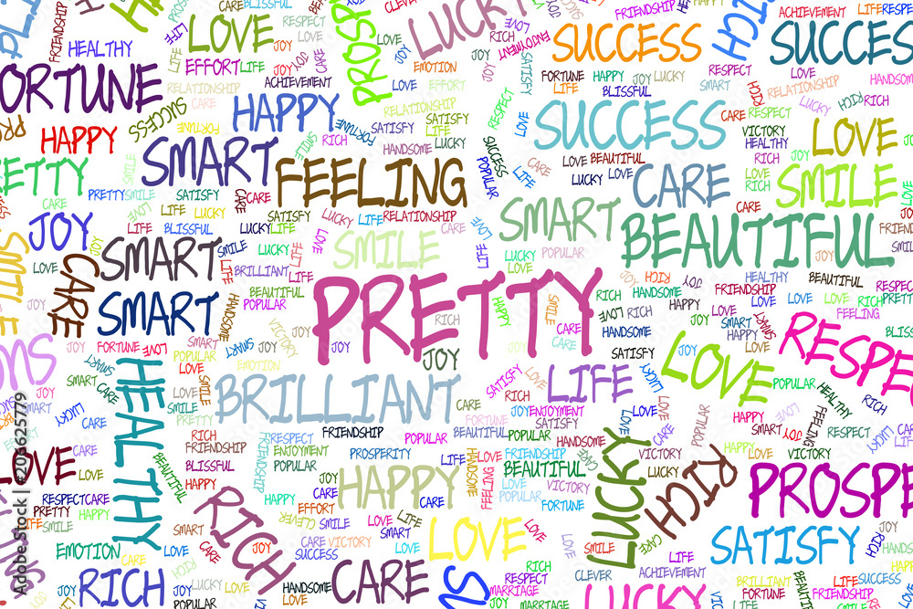 Illustrations of positive emotion word cloud. Color, happy, abstract ...
