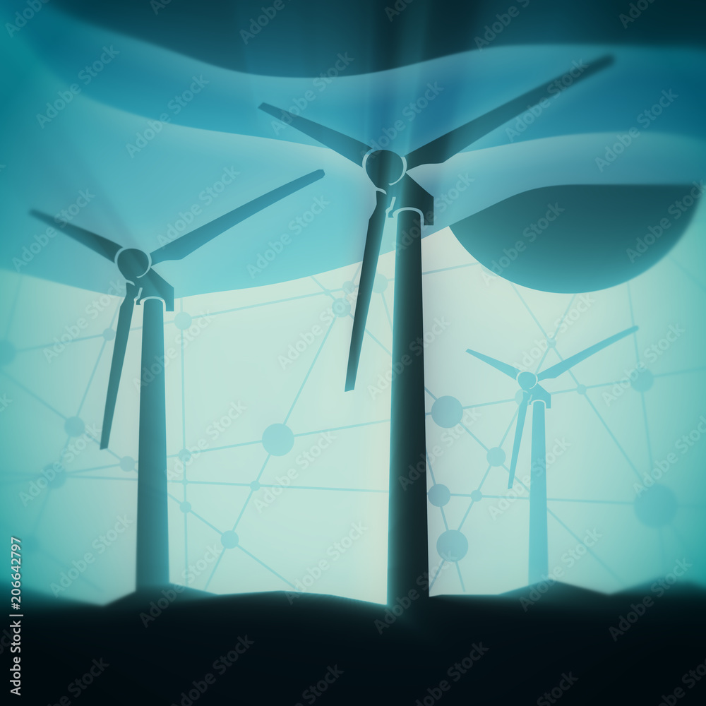 Wind turbine landscape illustration. Renewable energy development ...