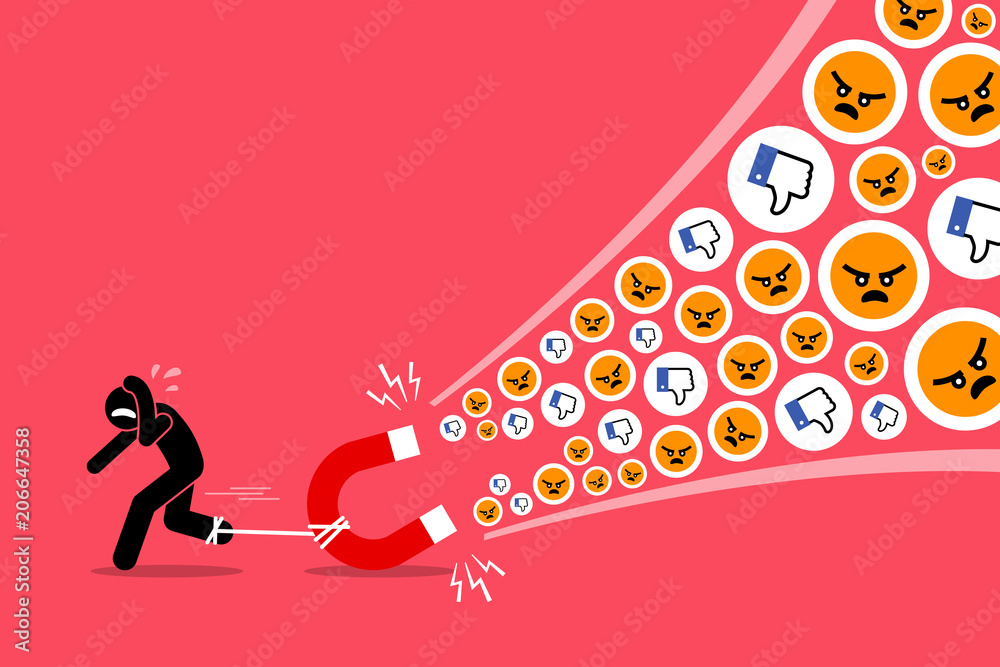 A man creating a lot of hates and dislikes on his social media. Vector ...