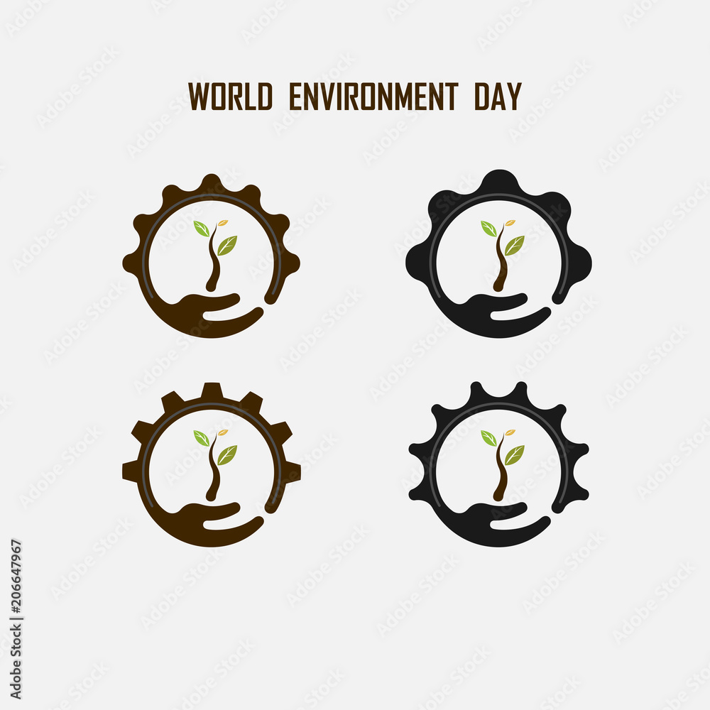 Gear cog and Green concept.Globe and Leaf sign. World Environment day ...