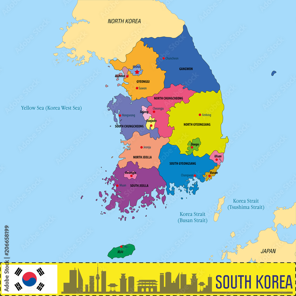 Shouth Korea map with regions and their capitals Stock Vector | Adobe Stock