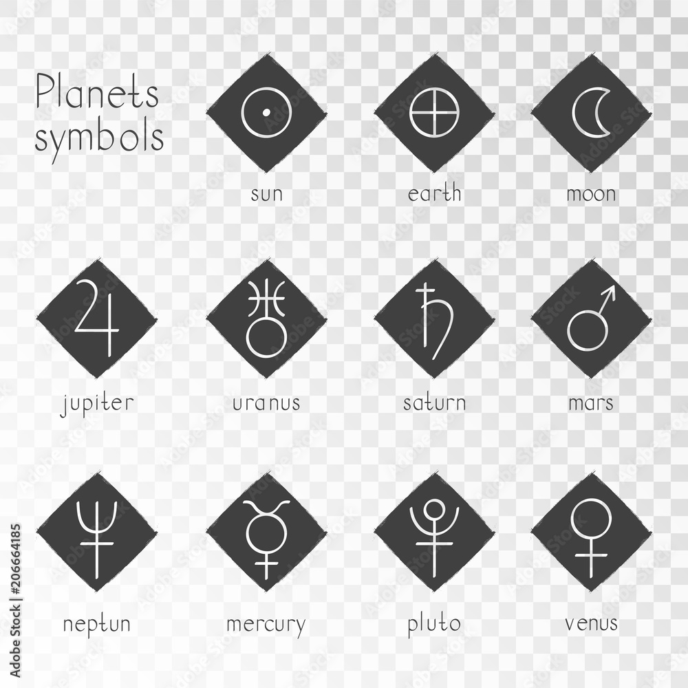 Vector set of grunge icons with astrological planets symbols on a ...