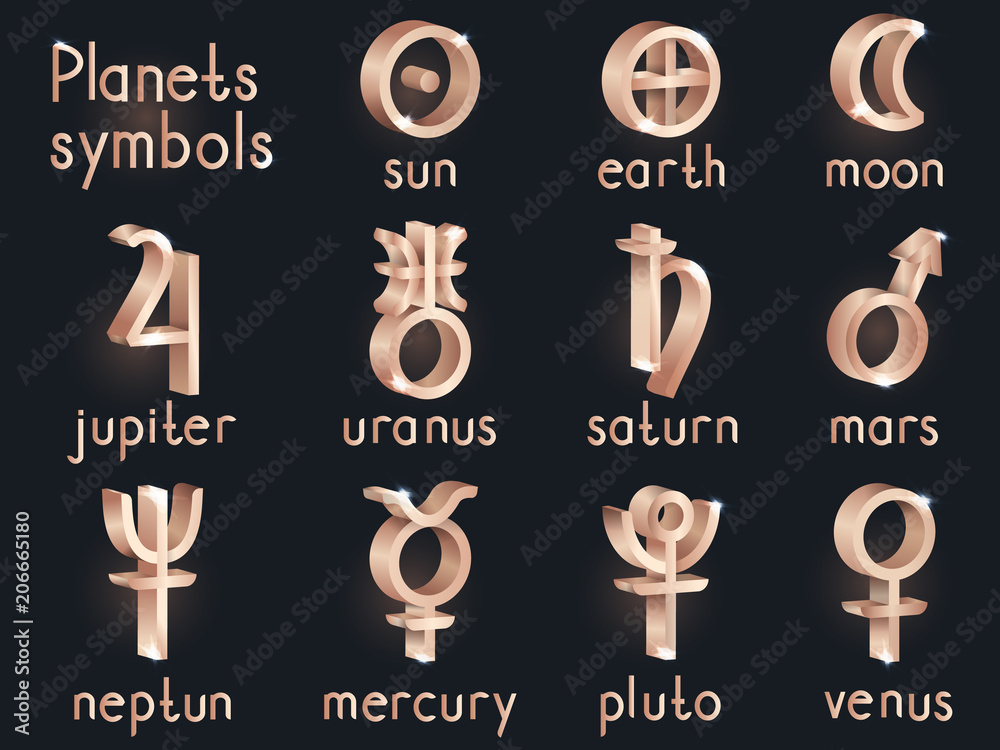 Vector set of 3d astrological planets symbols. Gold signs collection ...