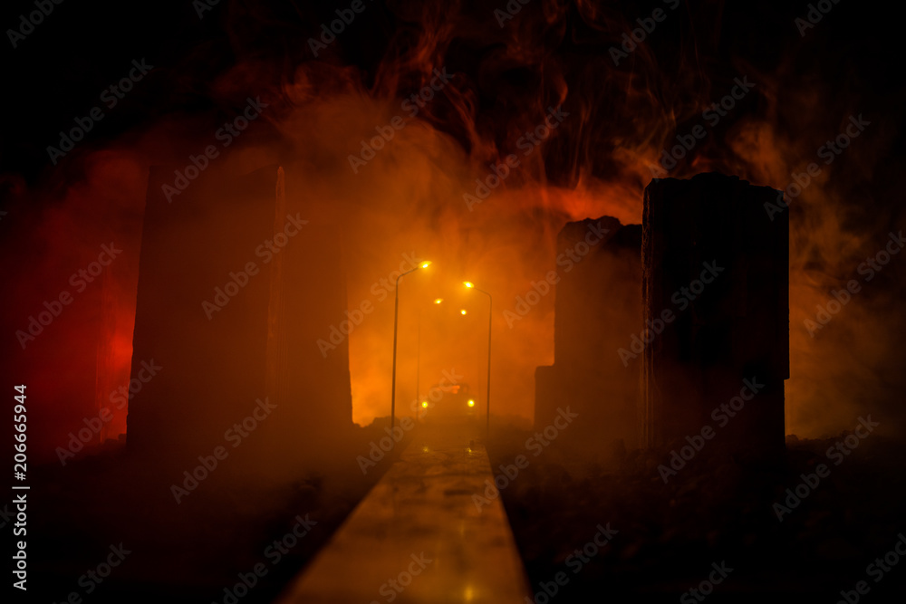 Empty street of burnt up city, flames on the ground and blasts with ...