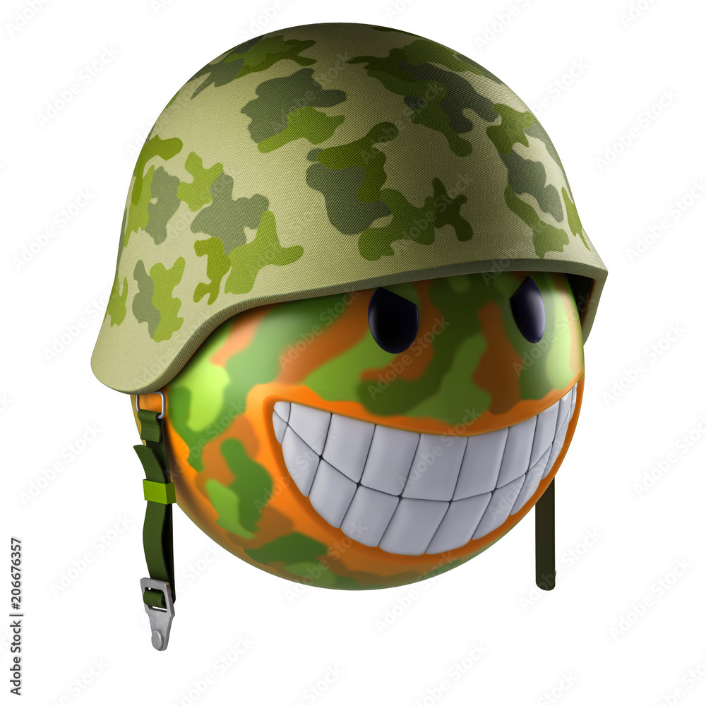 Smile emoji face sphere with military helmet 3d render Stock ...