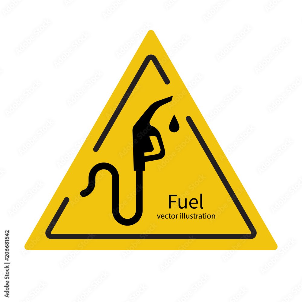 Fuel pump icon. Triangular yellow sign. Petrol station symbol. Gas ...