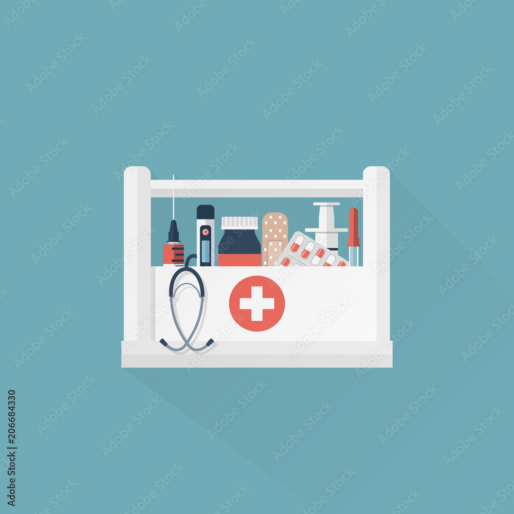 First aid kit box concept medical equipment and medications.Healthcare ...