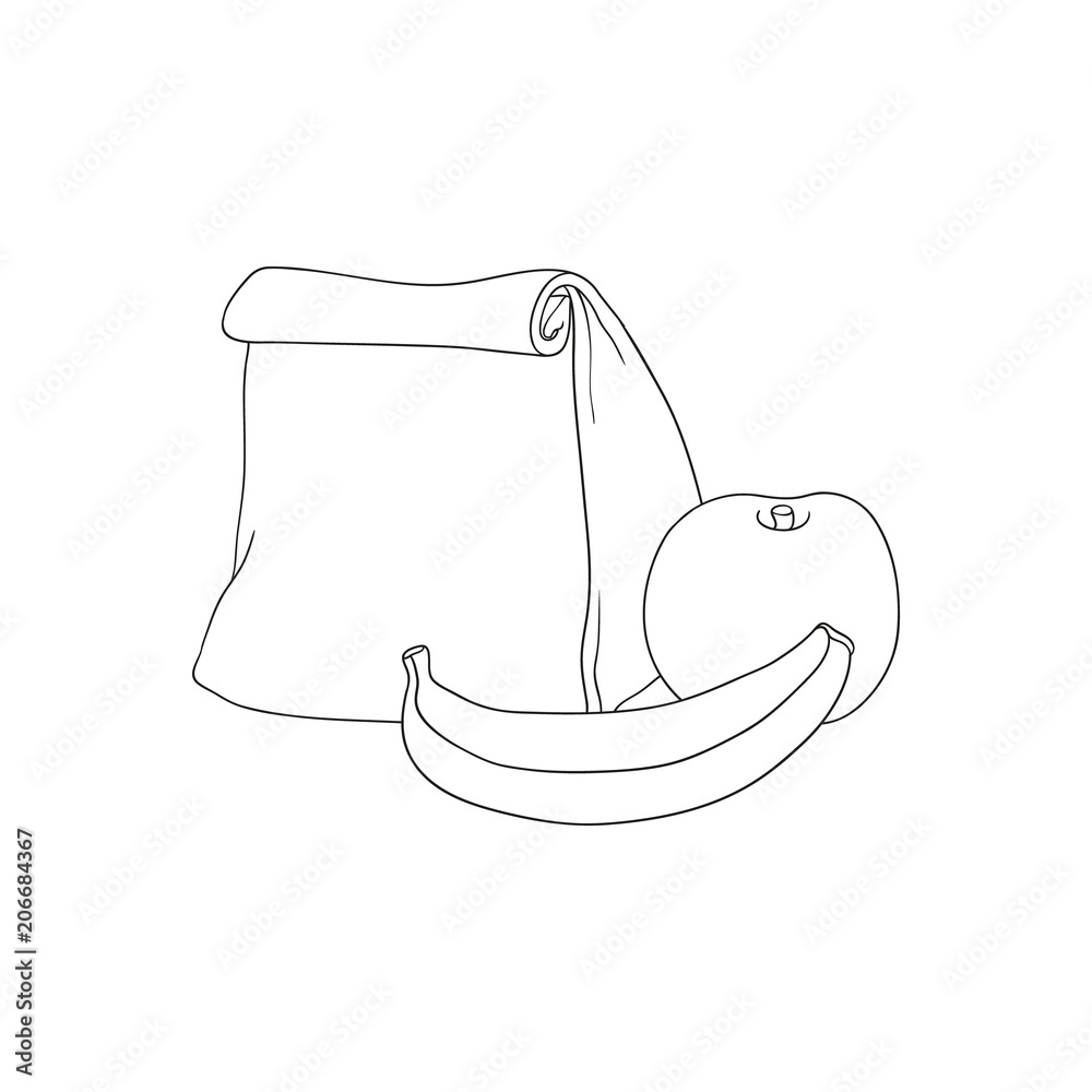 Paper lunch bag and apple with banana for school or work break in ...