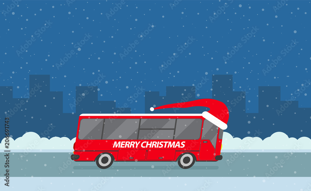 Vector Christmas bus on the background of a snow city Stock ...