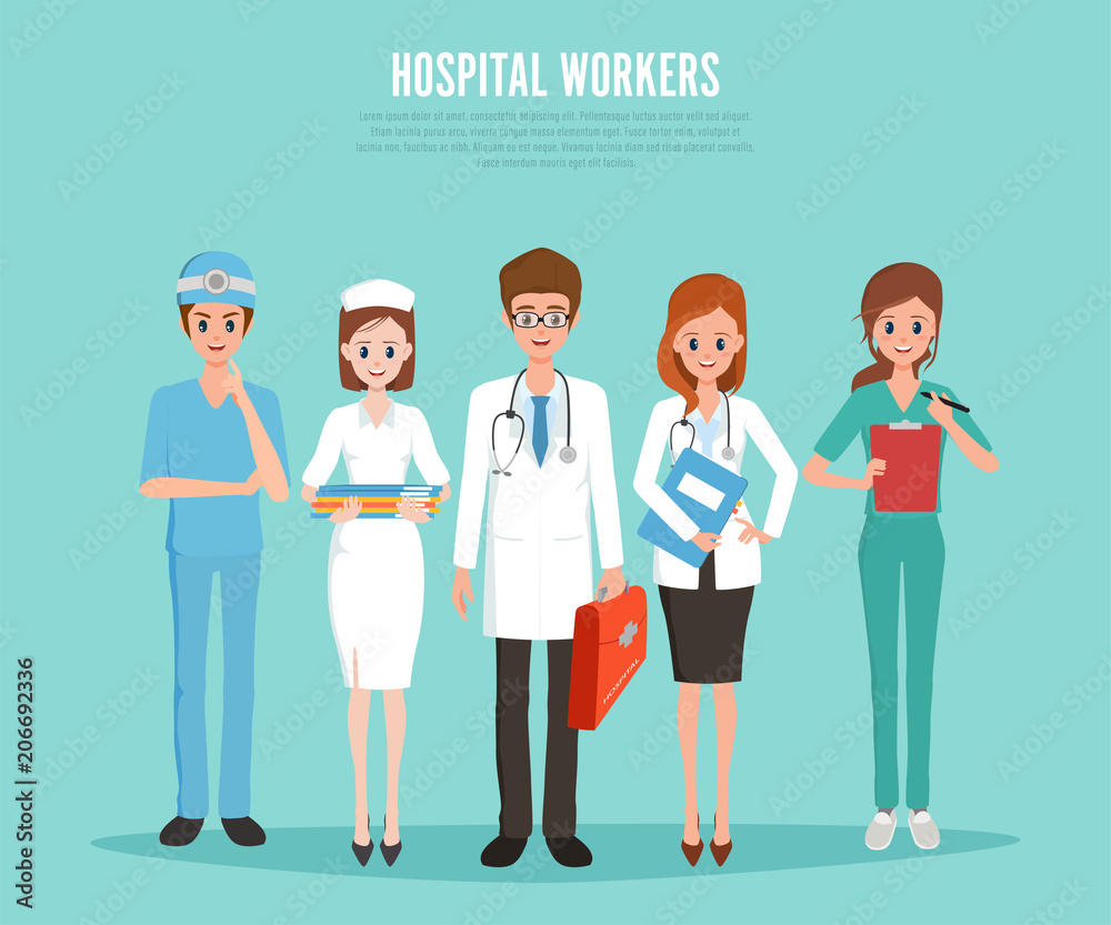 Hospital worker medical staff. Team of doctor cartoon design. เวกเตอร์ ...