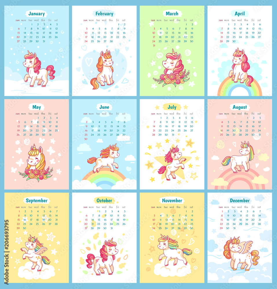 Sweet cute magic unicorn 2019 calendar for kids. Fairy unicorns with ...
