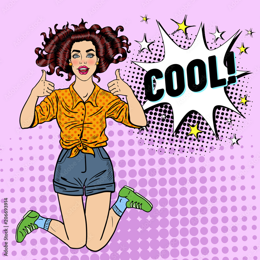 Vecteur Stock Pop Art Pretty Woman Jumping with Thumb Up Sign. Joyful ...