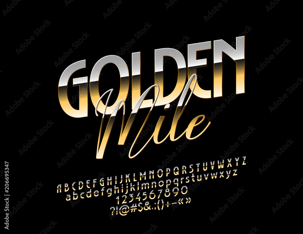 Vector glossy Emblem Golden Mile. Metal reflective Font. Golden ...