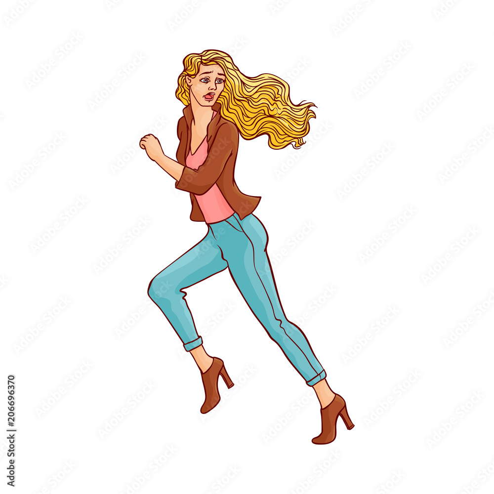 Young sportive girl in jeans heeled, running looking back. Beautiful ... Young sportive girl in jeans heeled, running looking back. Beautiful ...