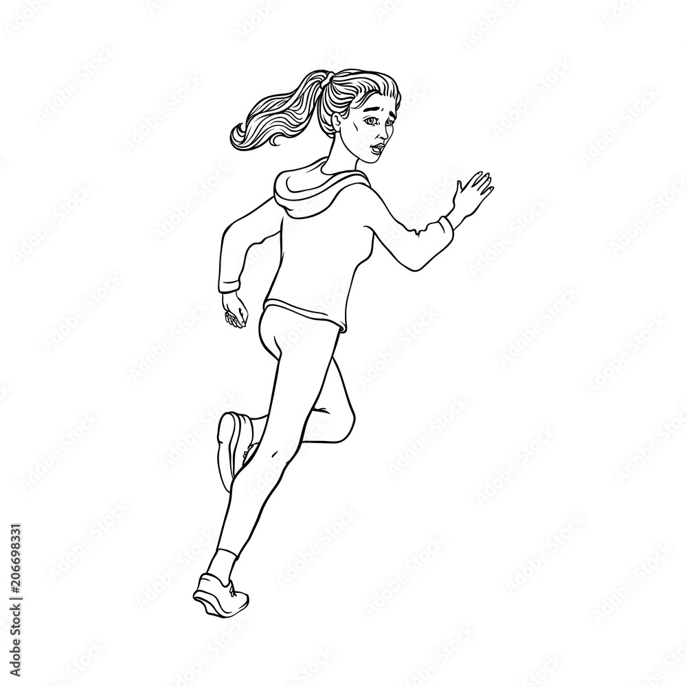 Young sportive girl in athletic clothing, running looking back ... Young sportive girl in athletic clothing, running looking back ...