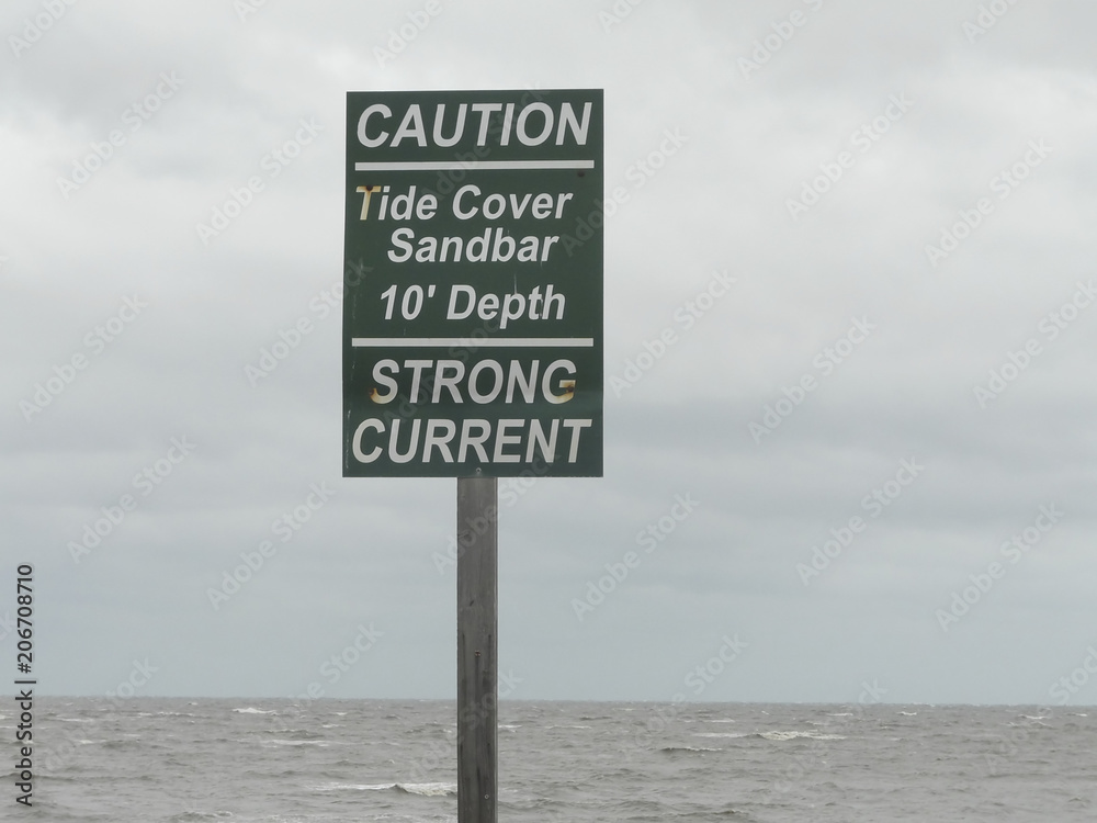 Tide Covers Sandbar Strong Current Sign. Posted caution sign at Jekyll ...
