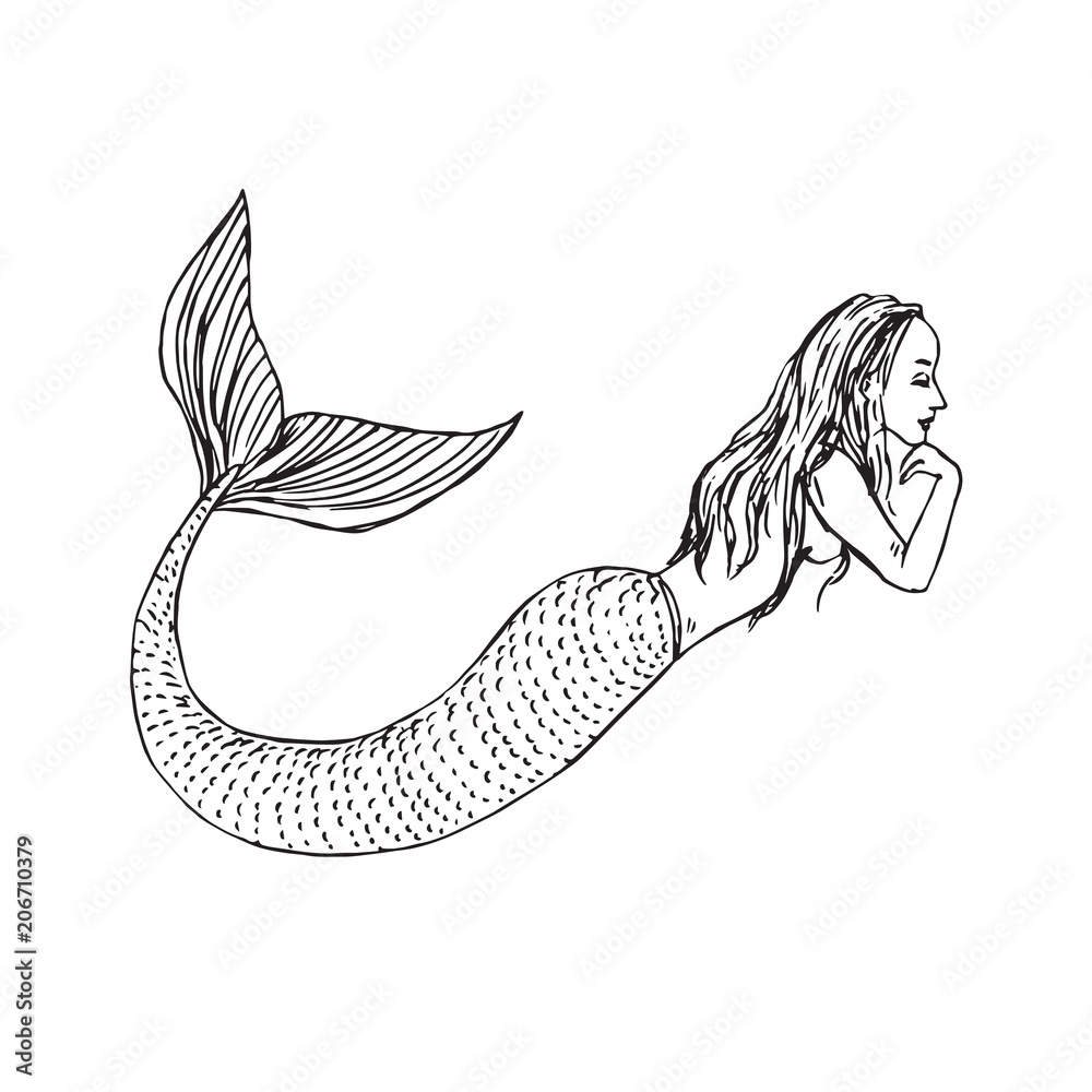 Mermaid laying, hand drawn outline doodle sketch, black and white ...
