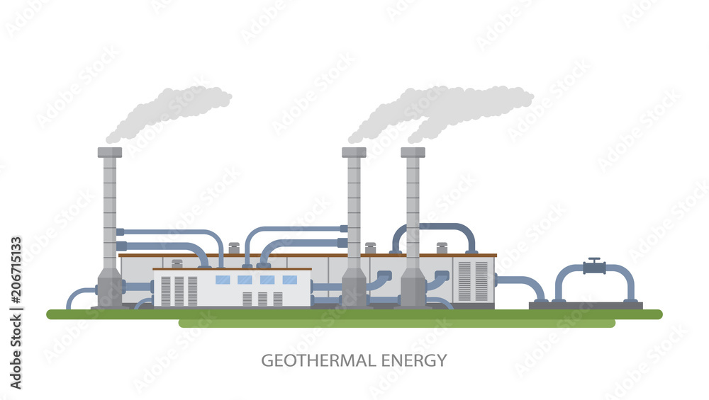 Vector flat illustration of geothermal energy factory. Stock Vector ...