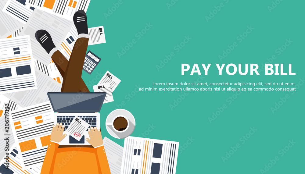 Bill payment design in flat style. Paying bills concept. Man sitting on ...