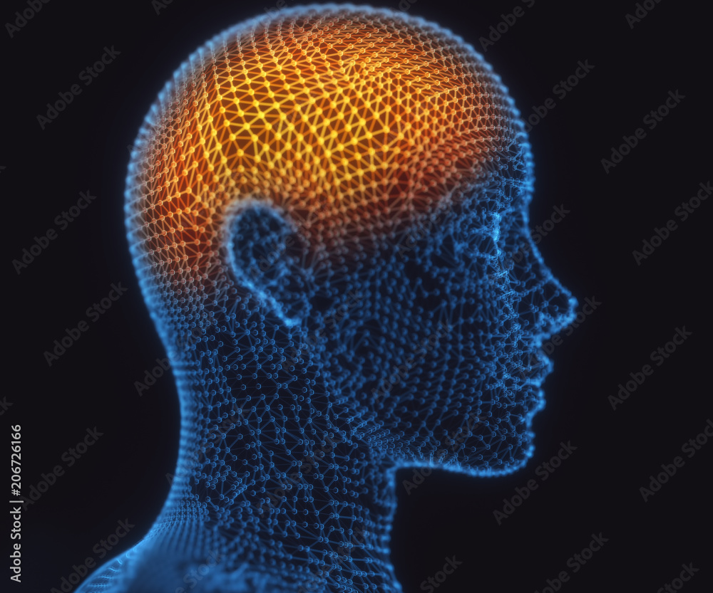 Human Brain Power Connections. 3D illustration. Human brain in a ...