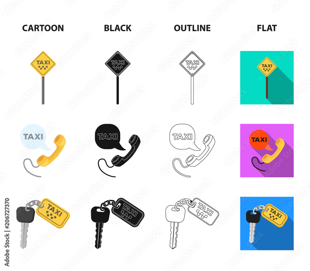 Handset with the inscription of a taxi, car keys with a key fob, a ...