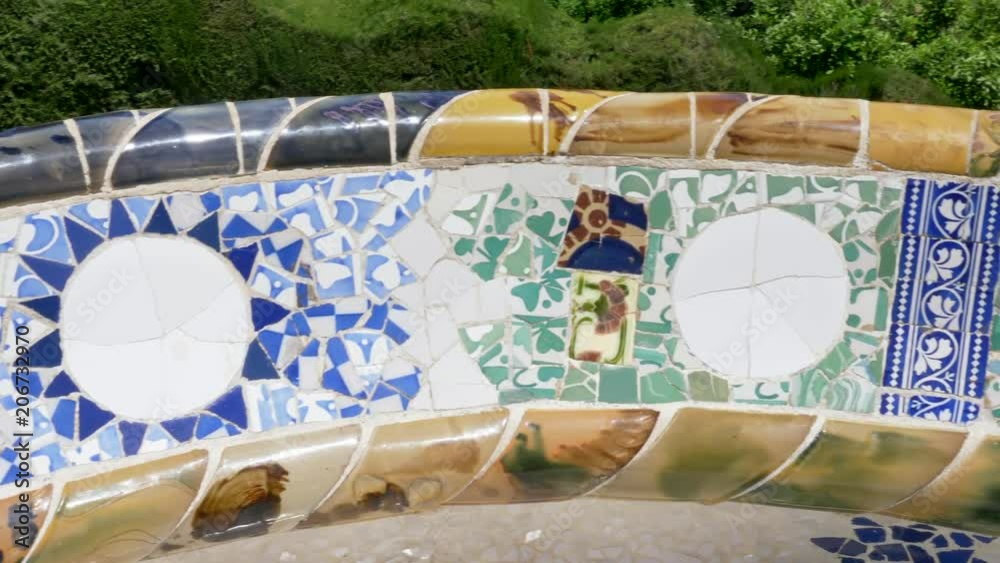 Details of The famous bench mosaics at the Park Güell by arquitect ...